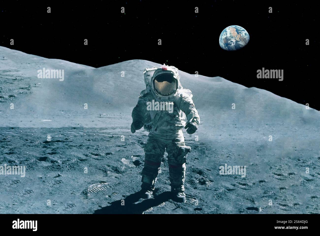 Astronaut is walking on the moon. With land on the horizon. Elements of ...