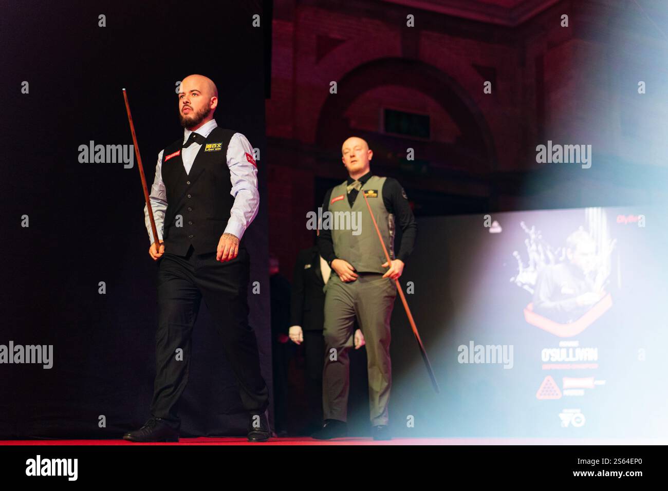 Luca Brecel (right) and Chris Wakelin walk back out following the ...