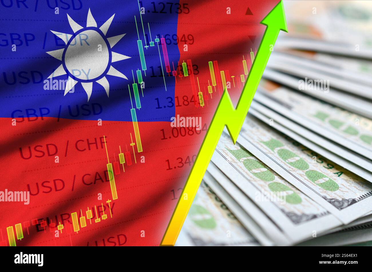 Taiwan flag and chart growing US dollar position with a fan of dollar ...