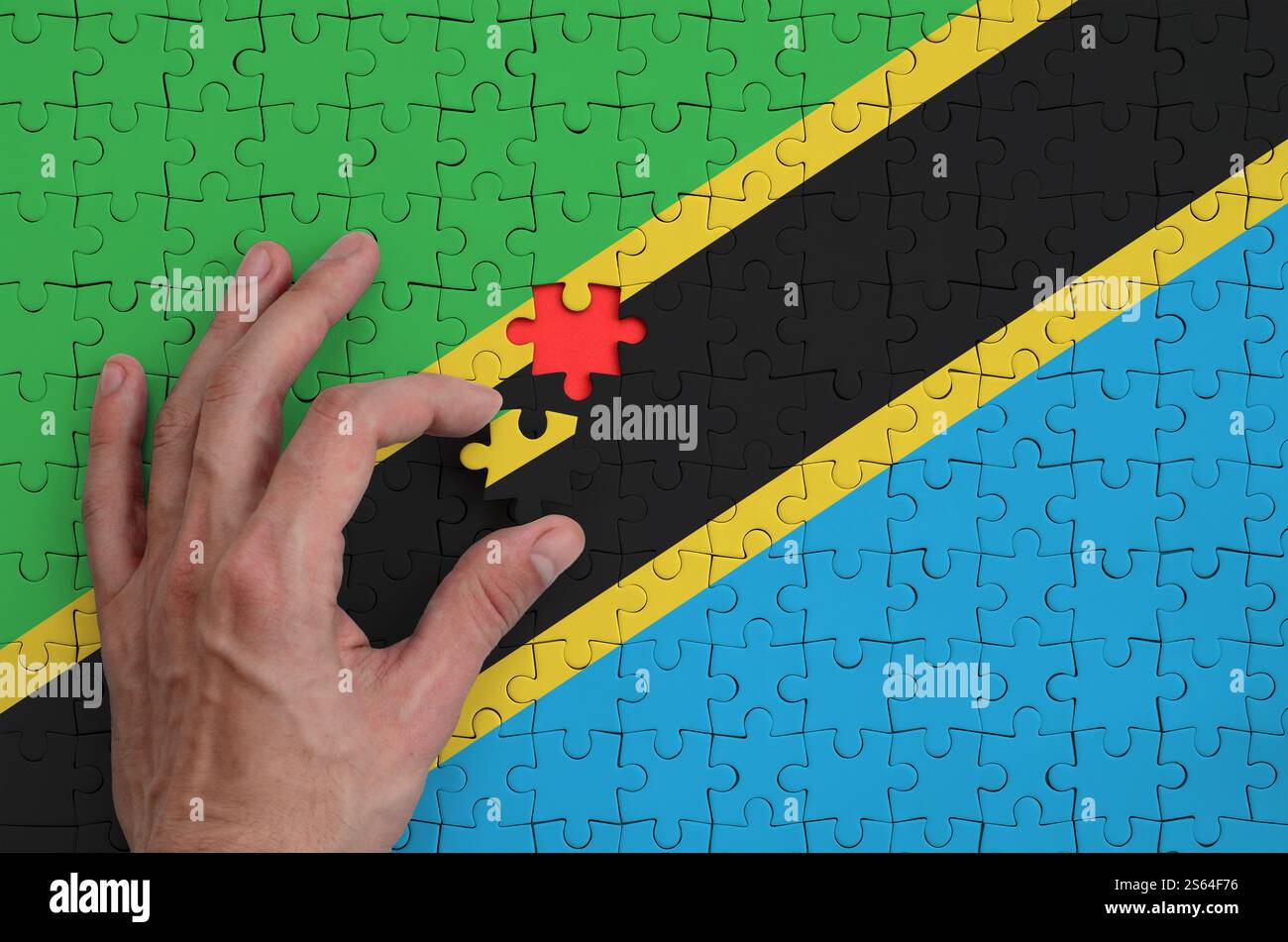Tanzania flag is depicted on a puzzle, which the mans hand completes to ...