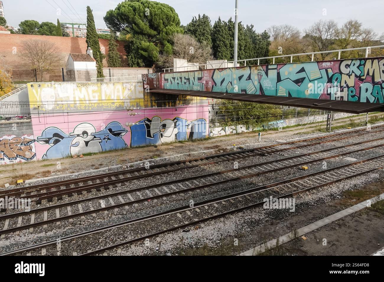 Train Track Wall and Overhead Bridge Painted with Graffiti Stock Photo ...