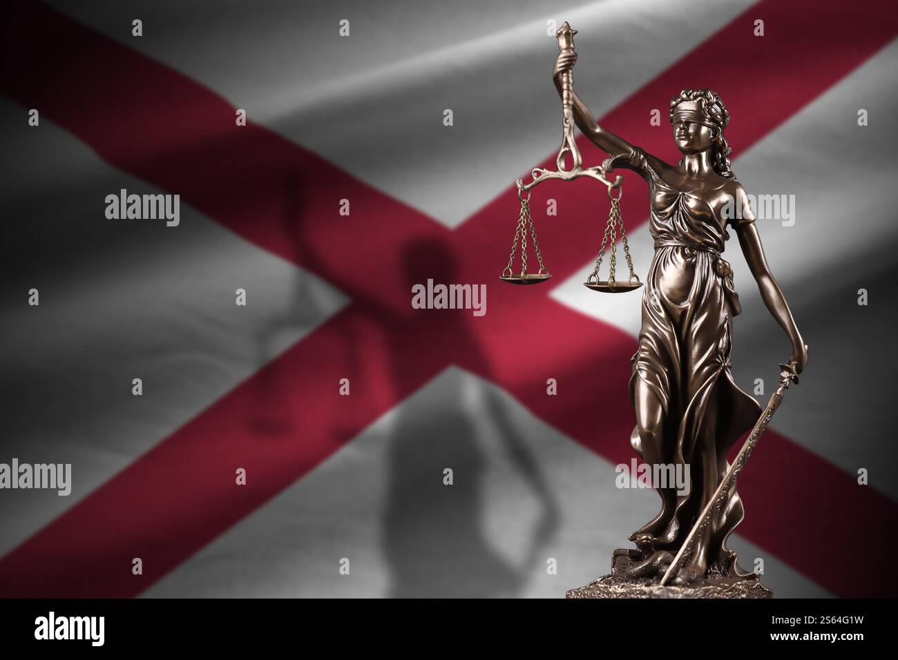 Alabama US state flag with statue of lady justice and judicial scales ...