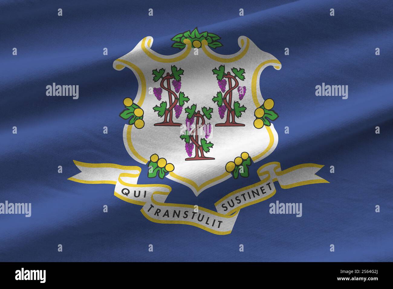Connecticut US state flag with big folds waving close up under the ...
