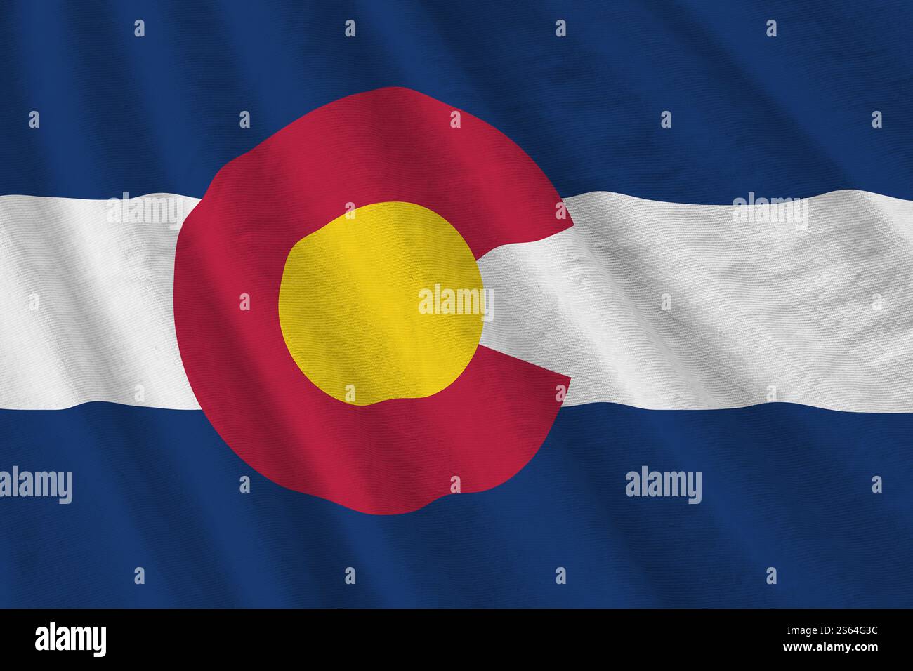 Colorado US state flag with big folds waving close up under the studio ...