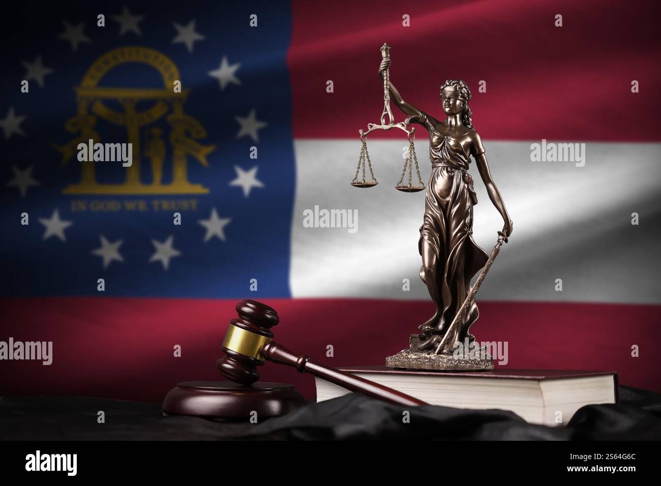 Georgia US state flag with statue of lady justice, constitution and ...