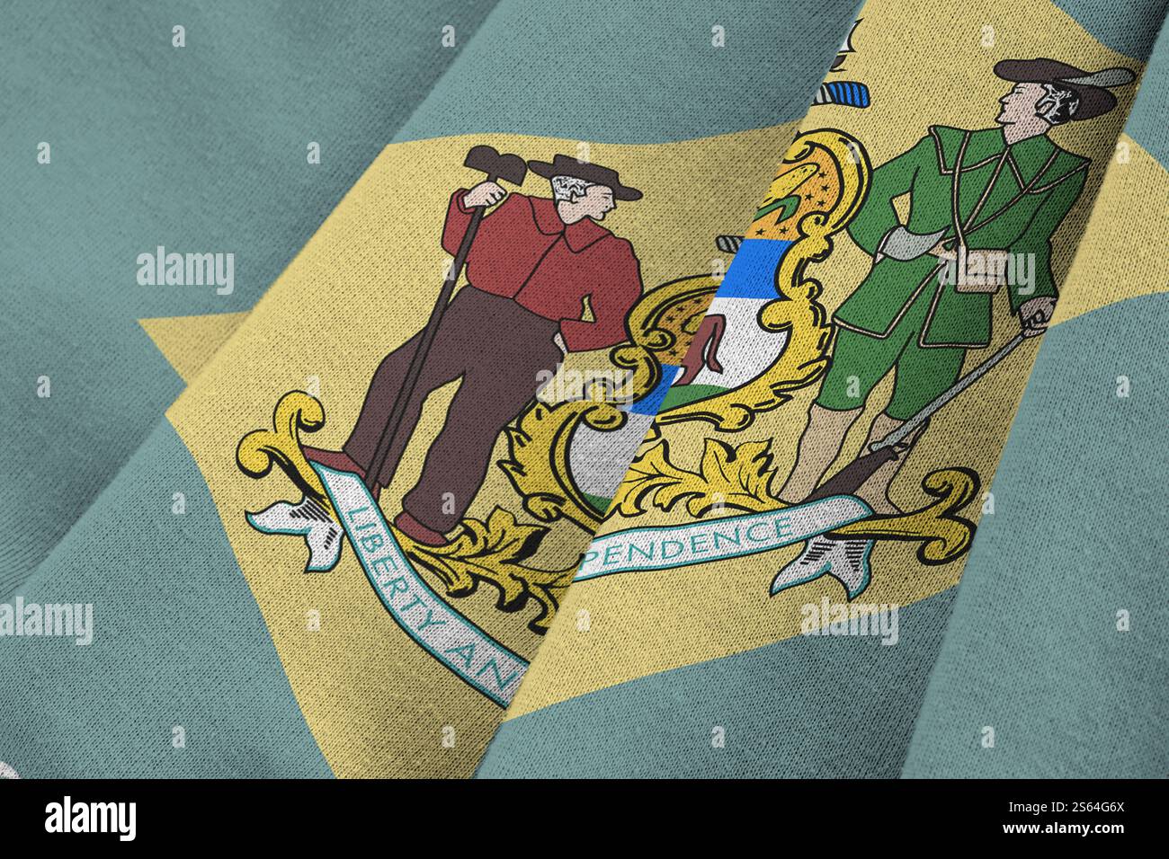 Delaware US state flag with big folds waving close up under the studio ...