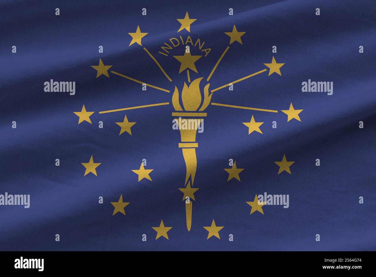 Indiana US state flag with big folds waving close up under the studio ...