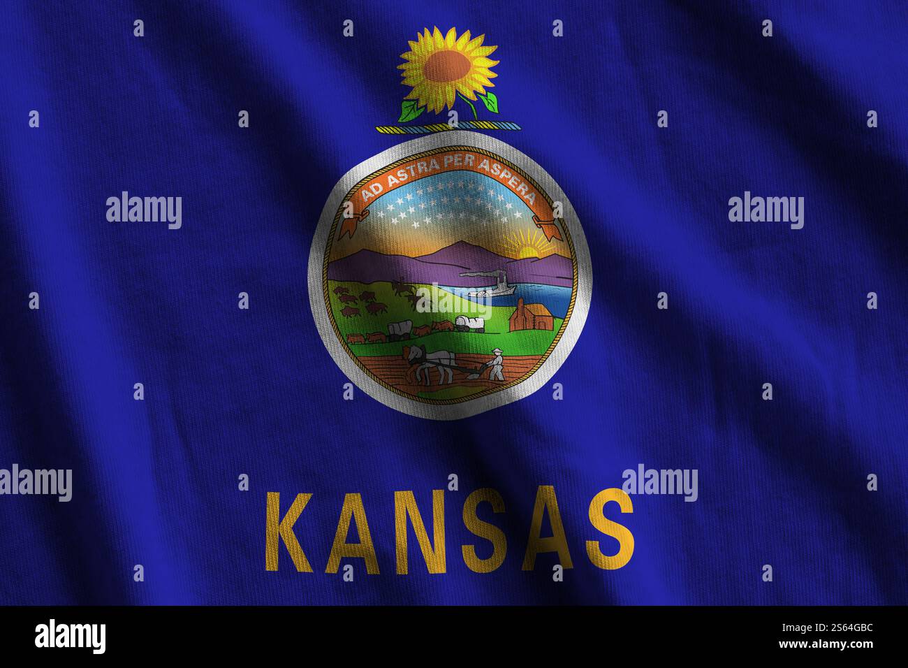 Kansas US state flag with big folds waving close up under the studio ...
