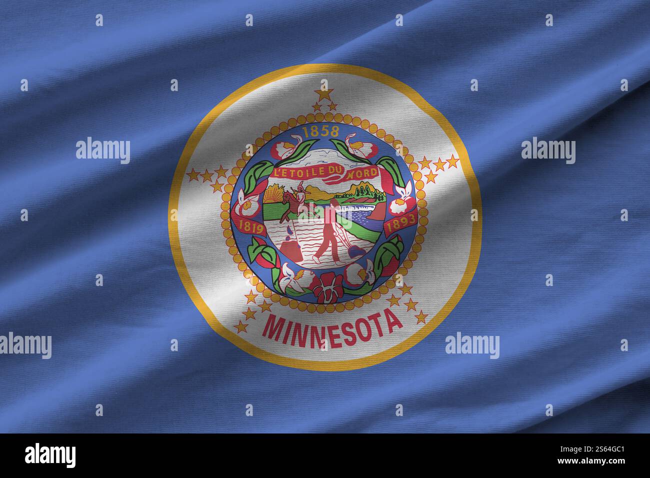 Minnesota US state flag with big folds waving close up under the studio ...