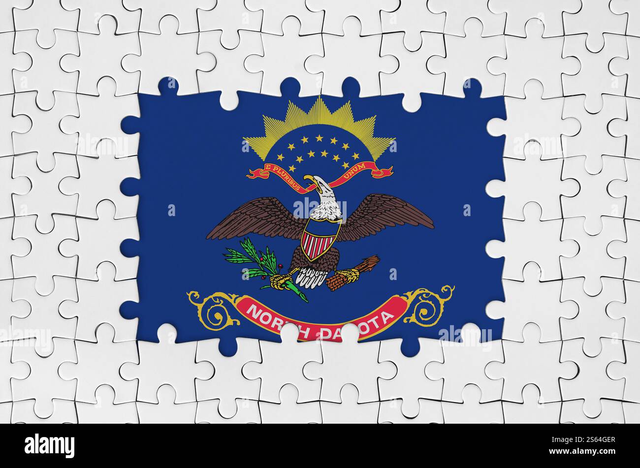 North Dakota US state flag in frame of white puzzle pieces with missing ...