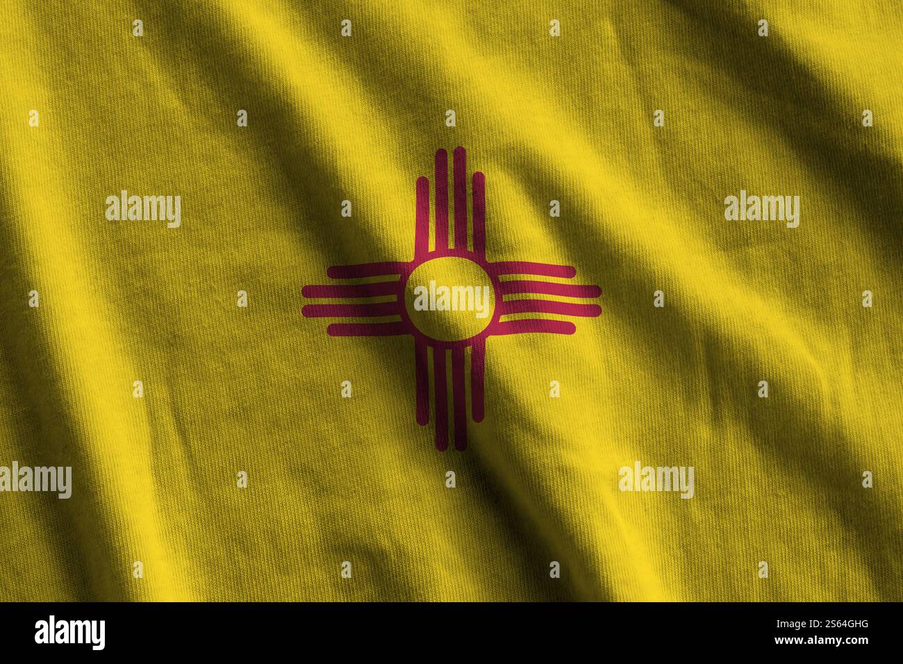 New Mexico US state flag with big folds waving close up under the ...