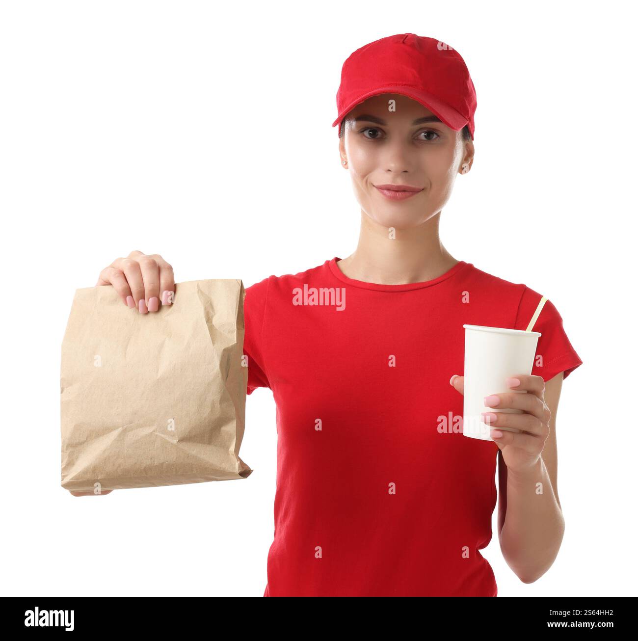 Fast-food worker with paper bag and cup on white background Stock Photo ...
