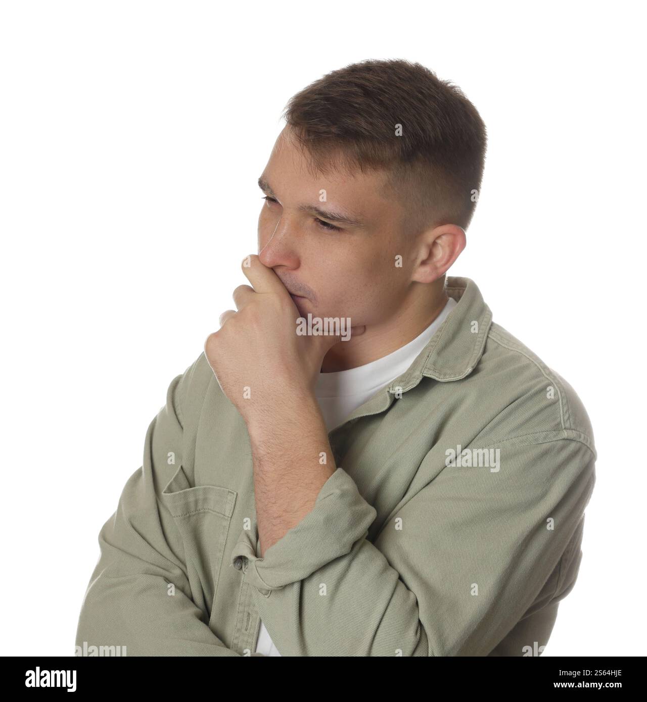 Distressed young man crying on white background Stock Photo - Alamy