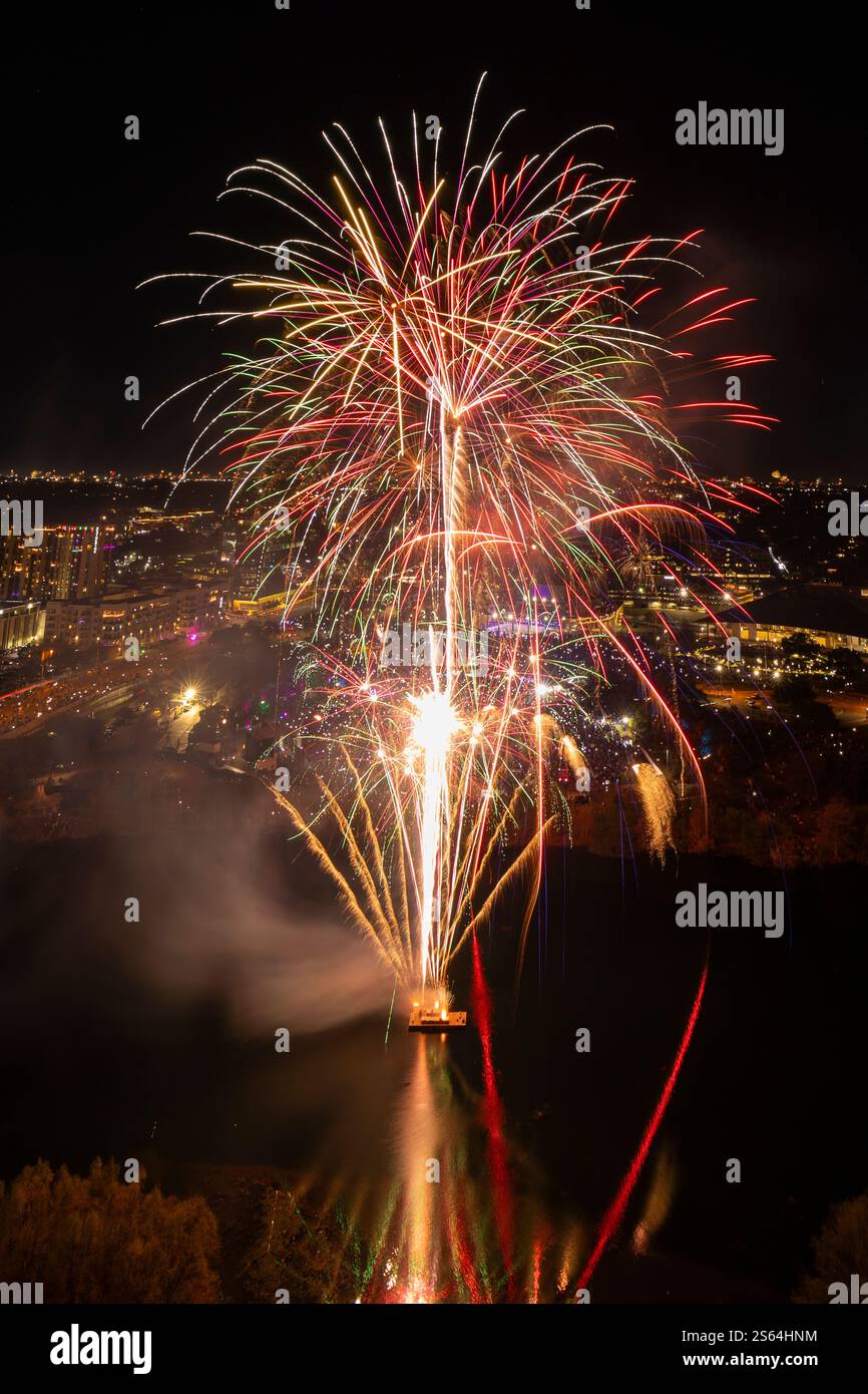 Fireworks for 2025 from launch platform on Ladybird Lake, Austin, Texas ...