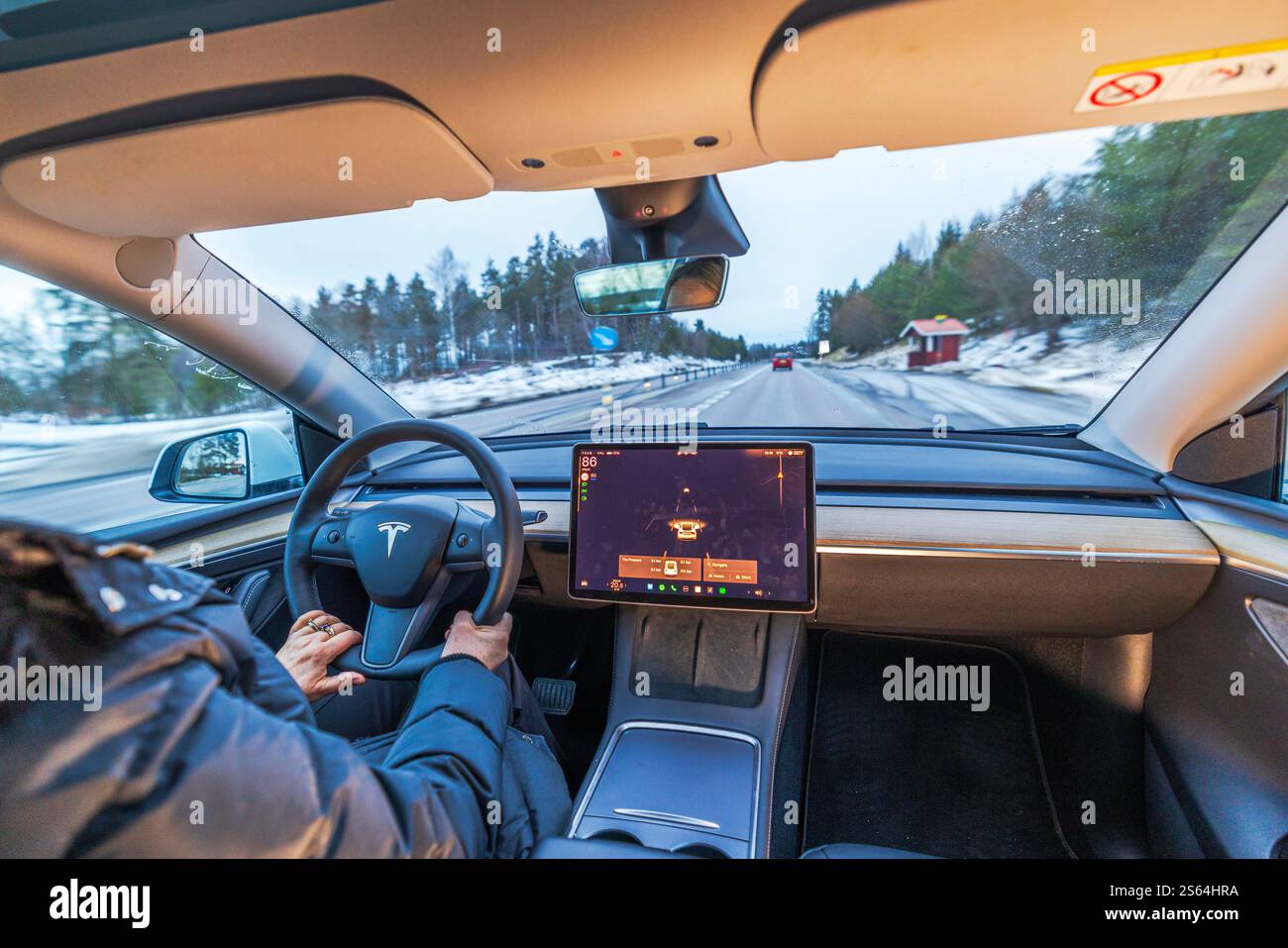 Tesla Model Y driver holding steering wheel while autopilot system is ...