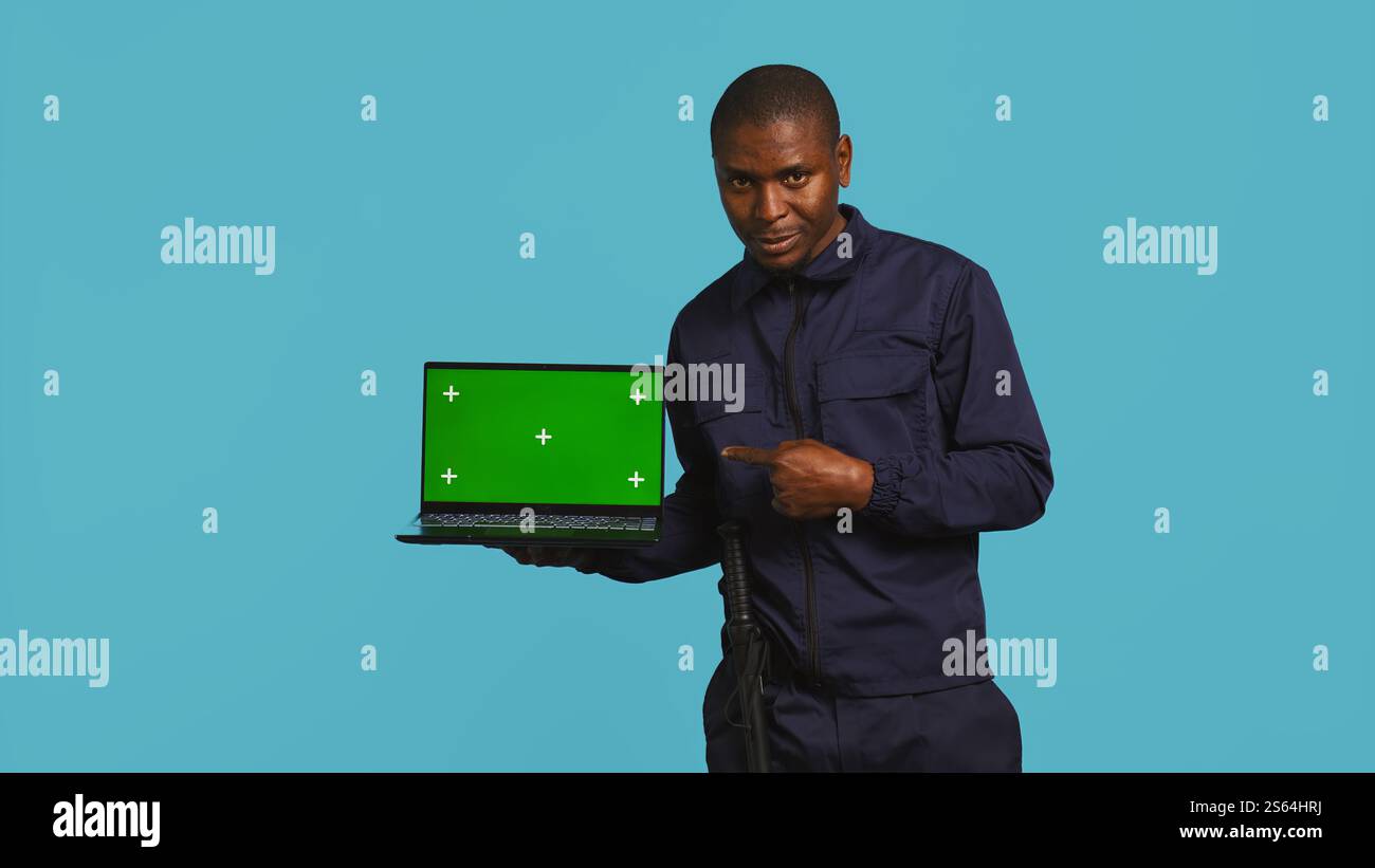 Radiant security guard working protection job presenting mockup laptop ...