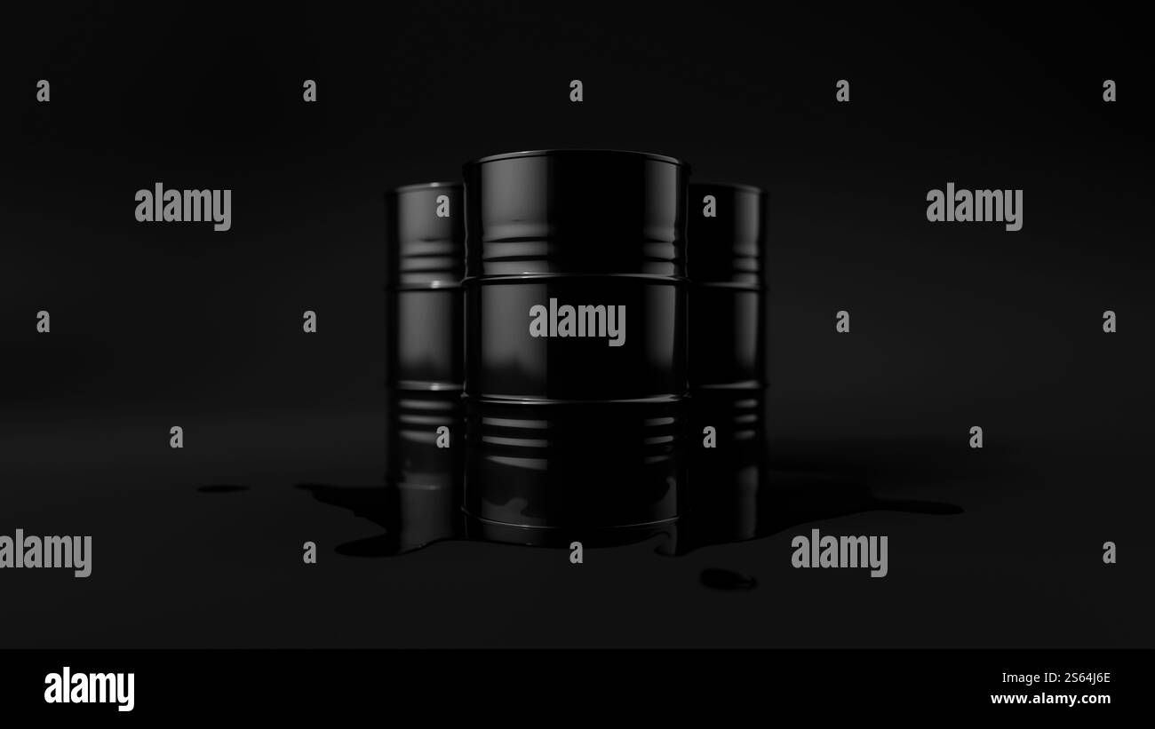 Three black metal oil barrels stand on spilled puddle of crude oil on ...