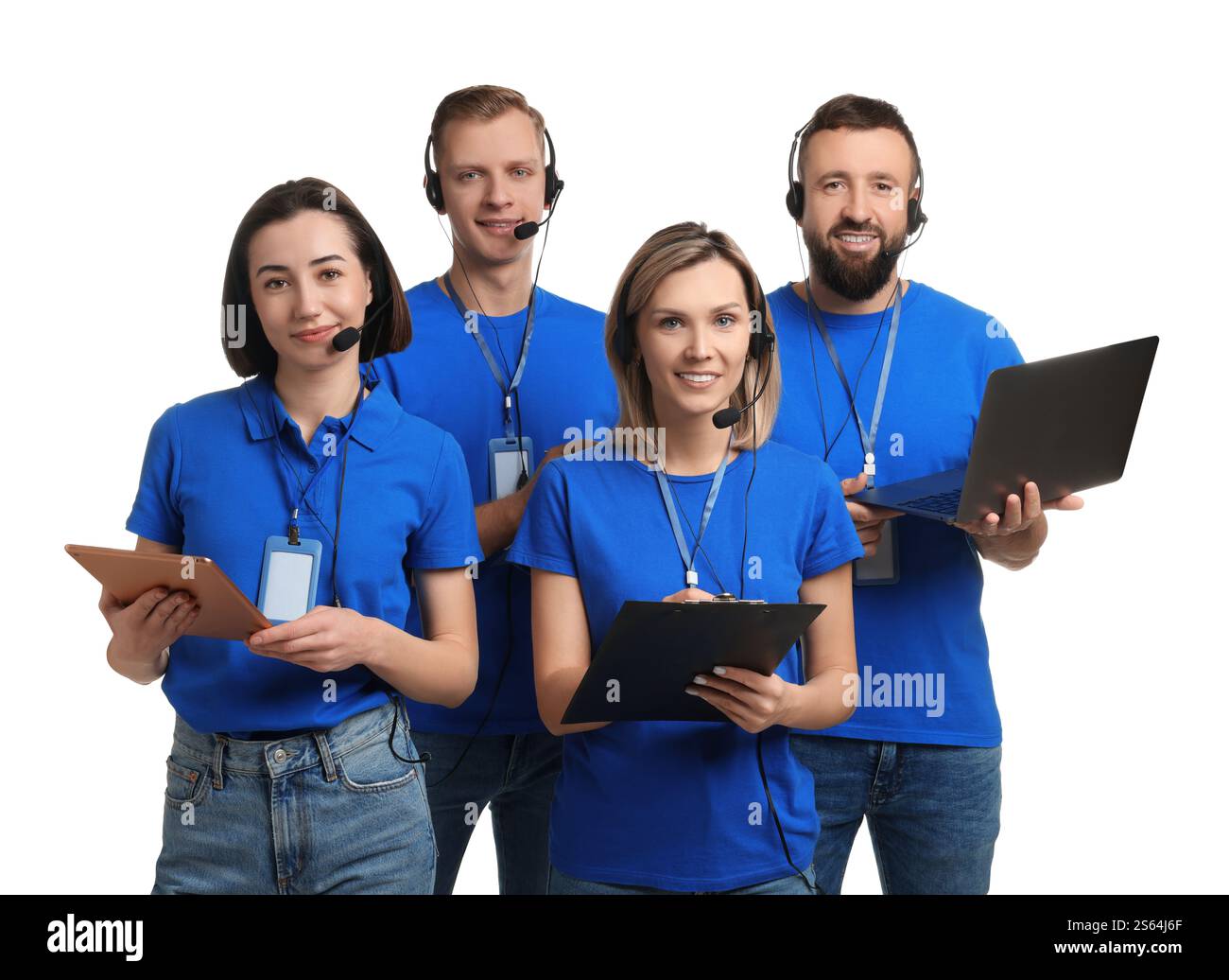Technical support call center. Team of friendly operators on white ...