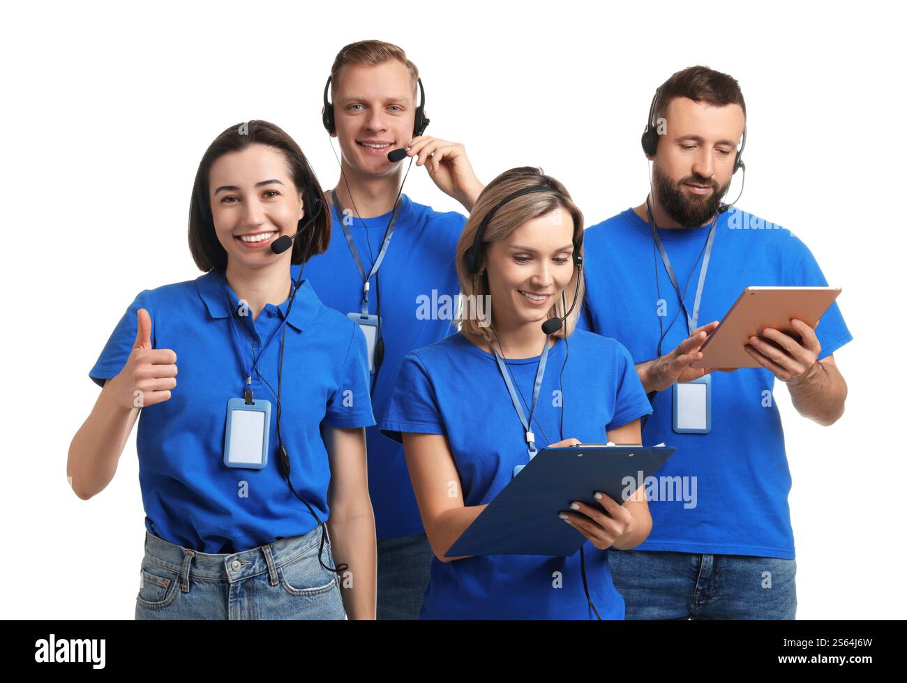 Technical support call center. Team of friendly operators on white ...