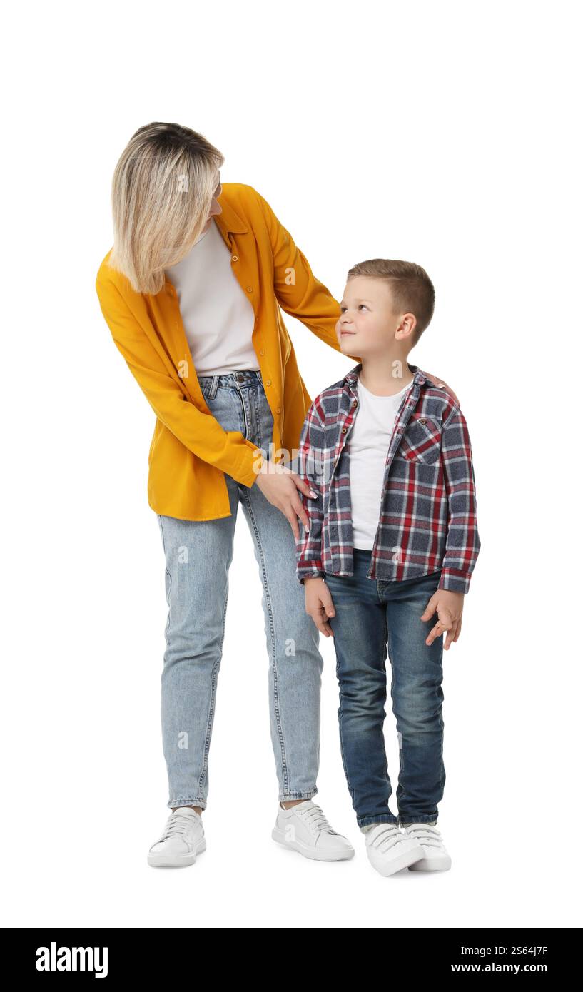 Mother with her cute little son on white background Stock Photo - Alamy
