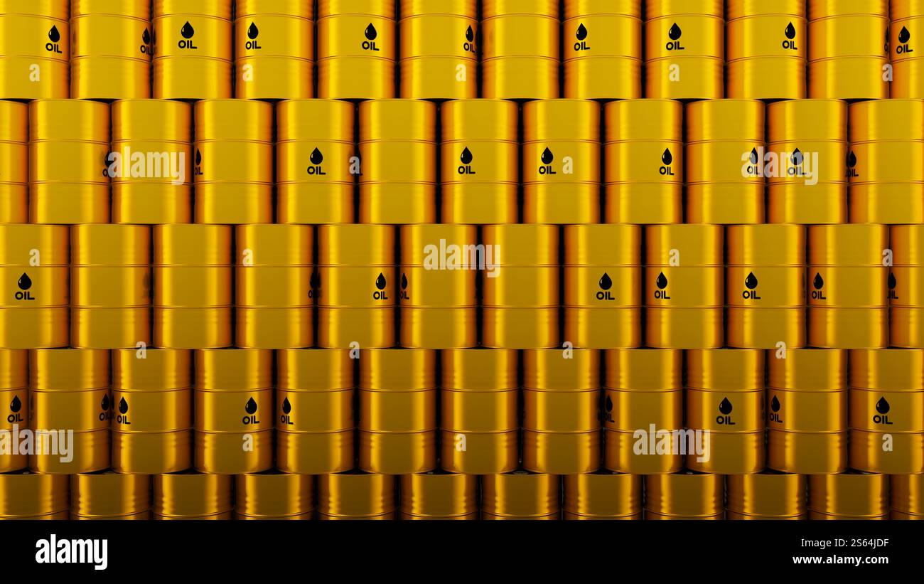 Front view on wall of gold metal oil barrels. Pile of fuel tanks. Oil ...