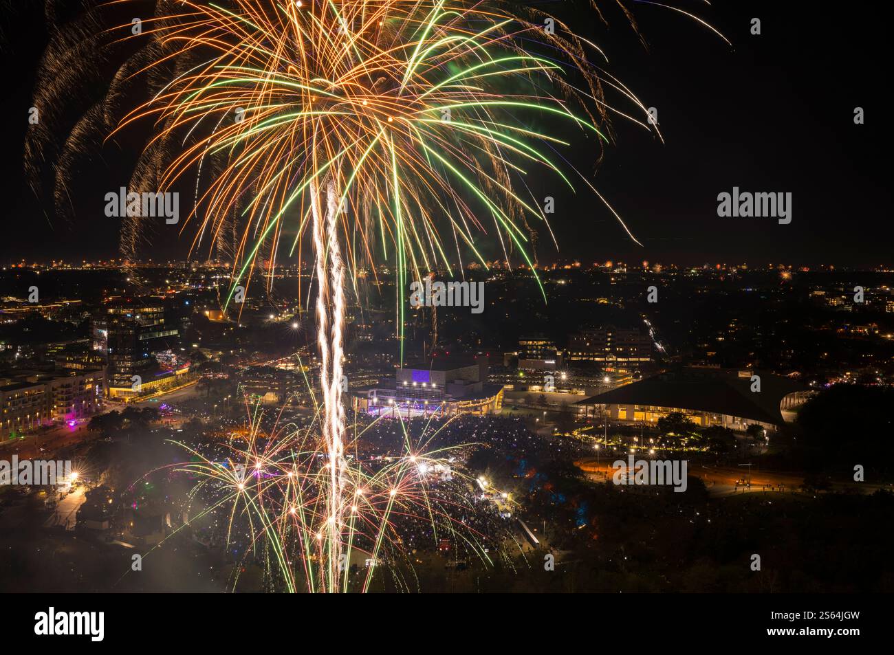 Fireworks for 2025 from launch platform on Ladybird Lake, Austin, Texas ...