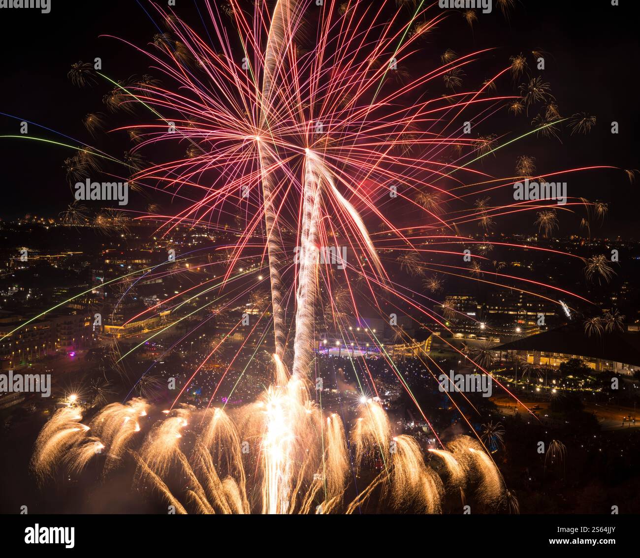 Fireworks for 2025 from launch platform on Ladybird Lake, Austin, Texas ...