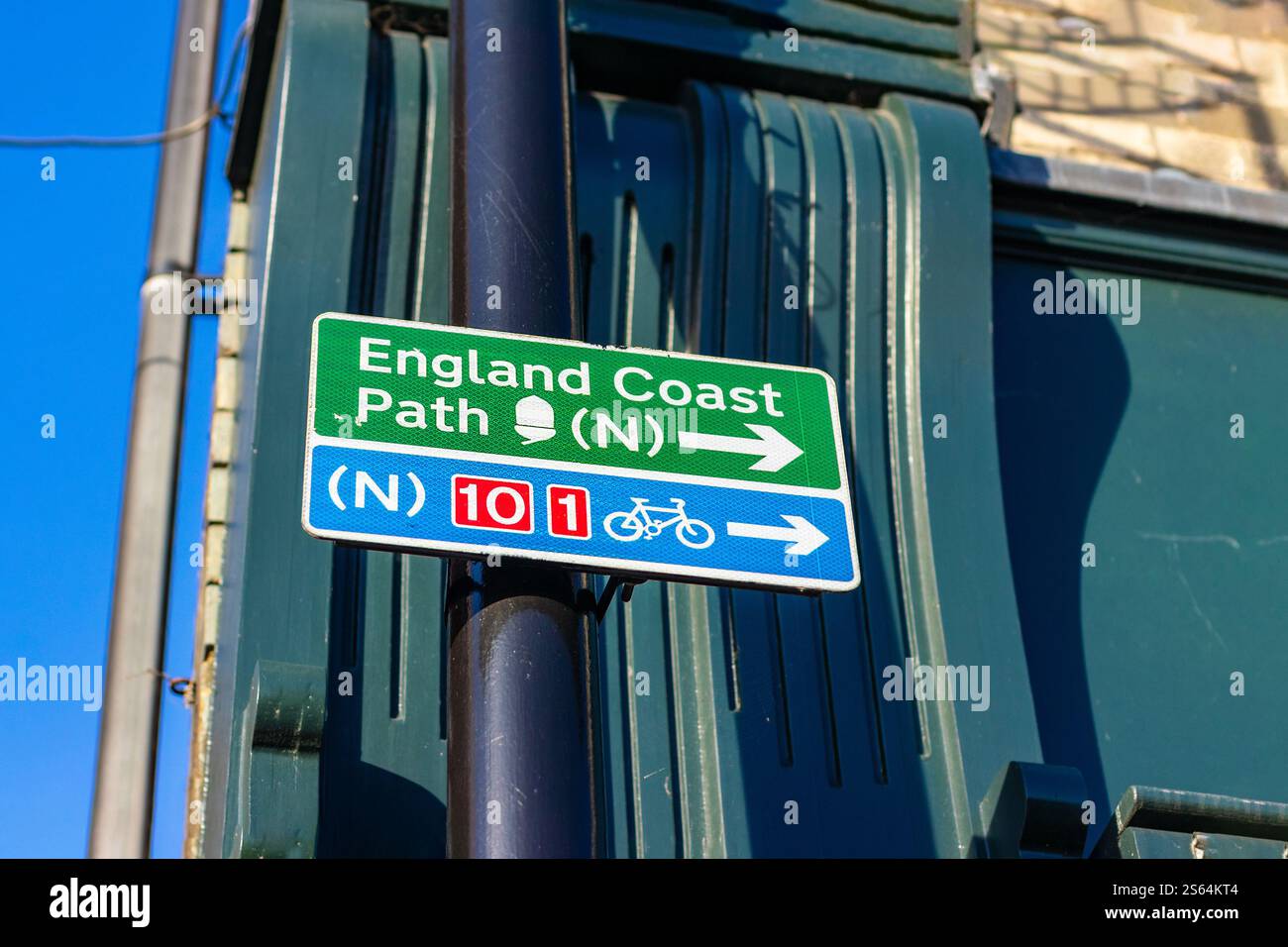 street road sign for england coast path at fish quay, tynemouth, north ...