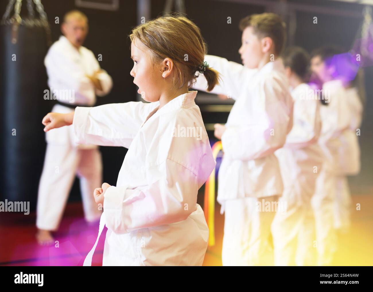 Girl practicing new moves during karate class Stock Photo - Alamy