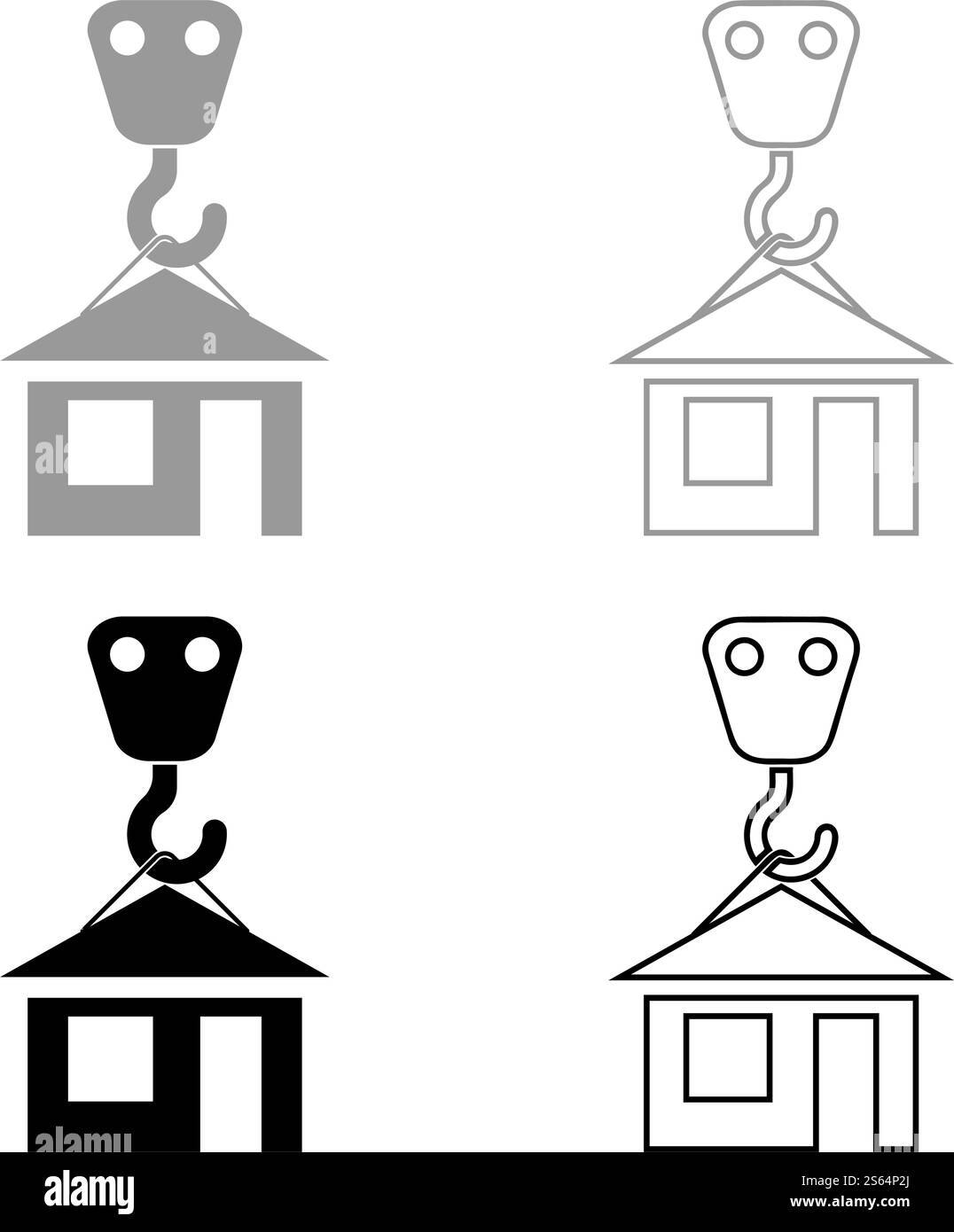 Crane hook lifts home Holds roof house icon outline set black grey ...