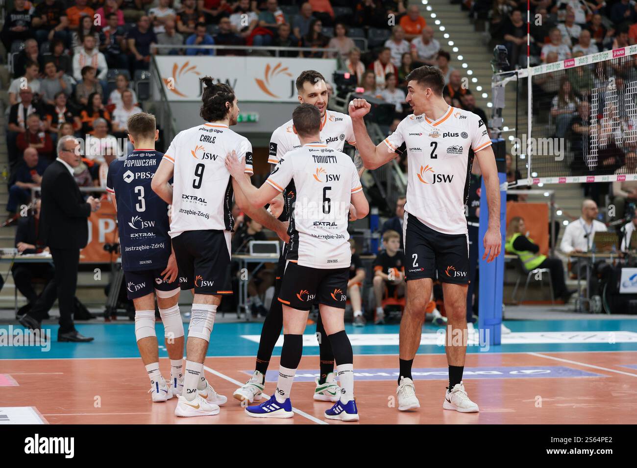Jastrzebie Zdroj, Poland. 12th Jan, 2025. Players of Jastrzebski Wegiel celebrate after winning ...