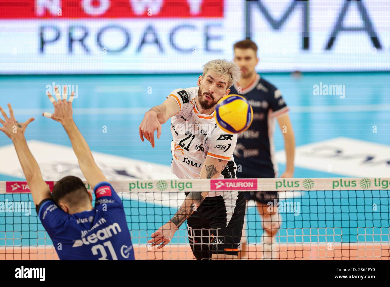 Jastrzebie Zdroj, Poland. 12th Jan, 2025. Tomasz Fornal of Jastrzebski Wegiel (R) seen in action ...