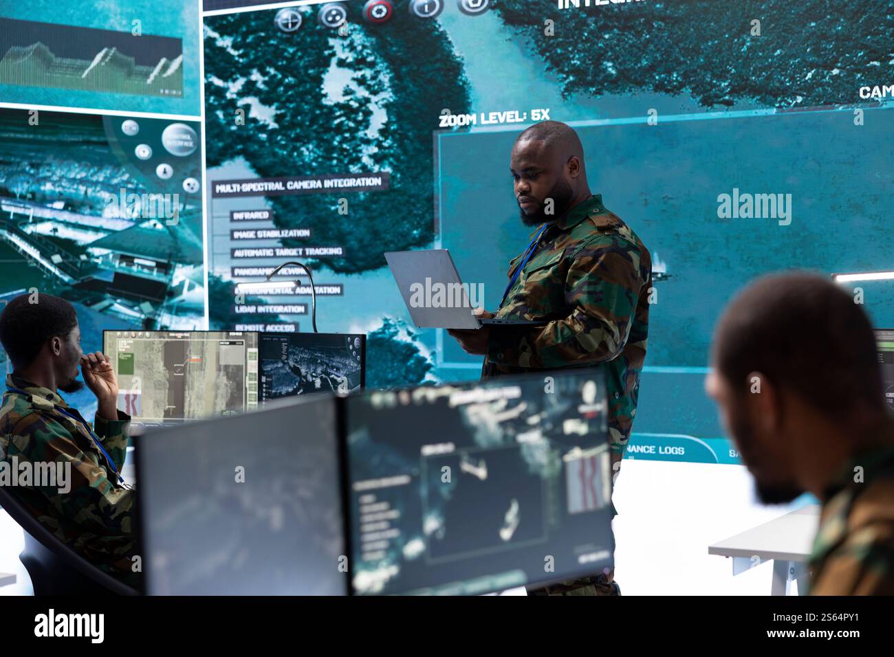Military team in a command post base uses advanced technology ...