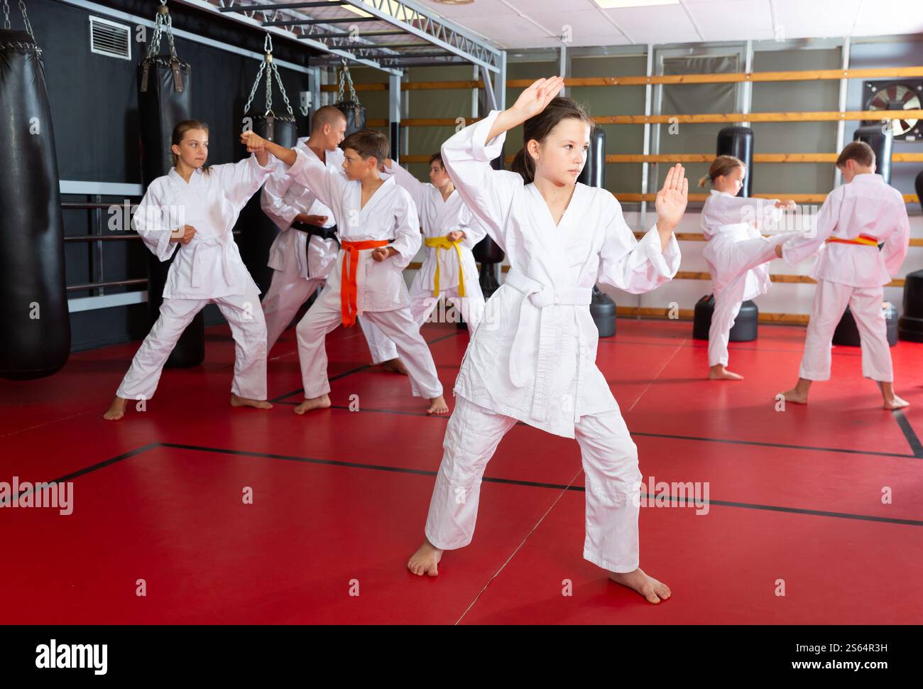 Girl fighting karate stand in the gym. Children in pair practice karate ...