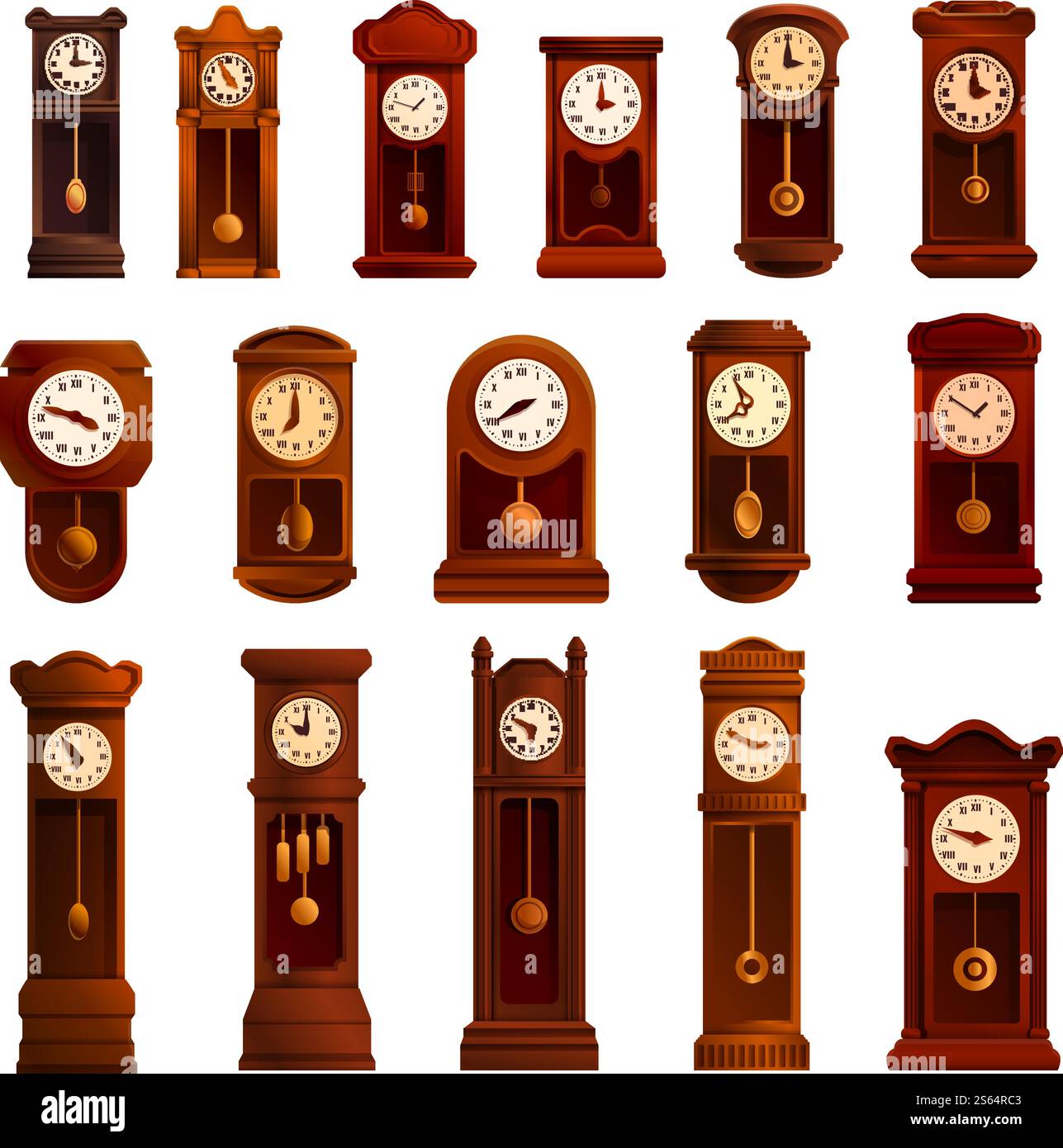 Pendulum clock icons set. Cartoon set of pendulum clock vector icons ...
