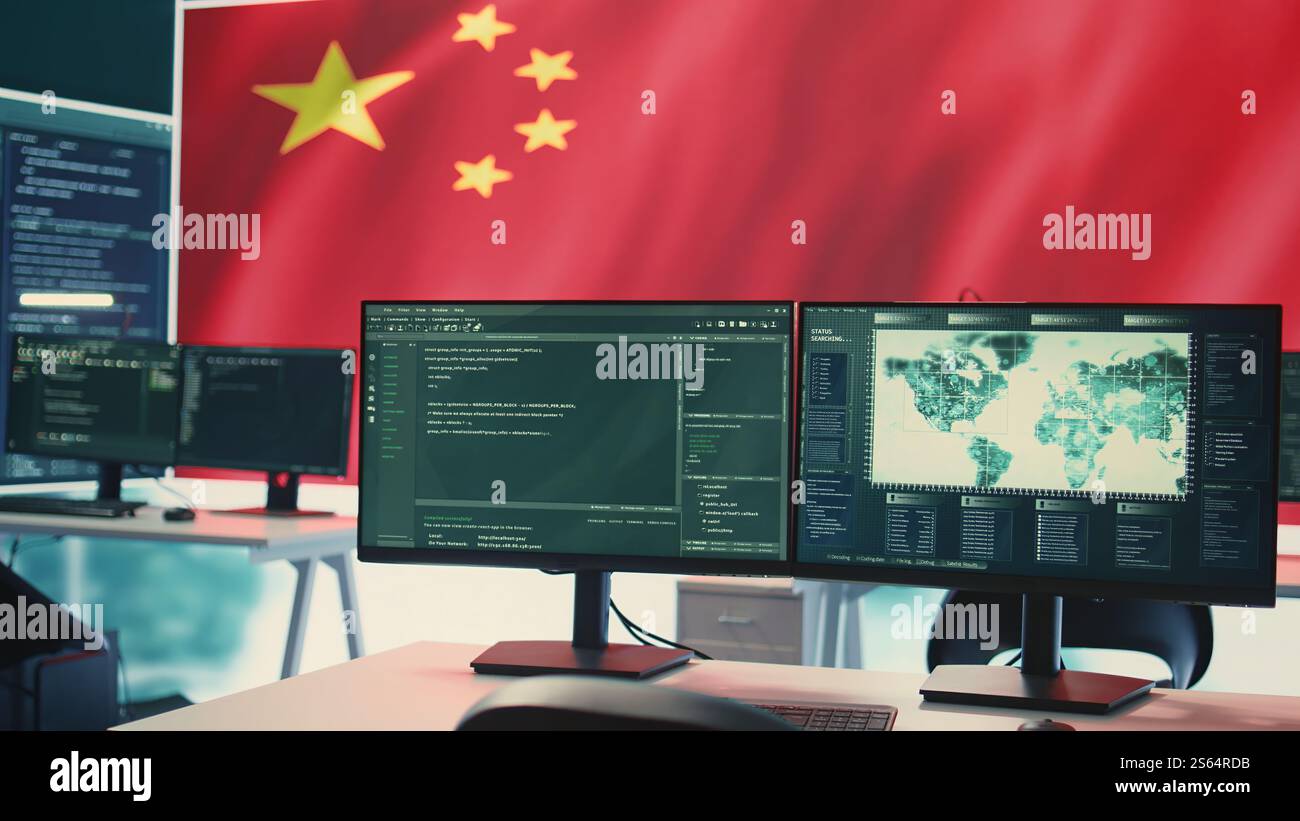 Governmental cyber operations room with Chinese flag on big screen ...