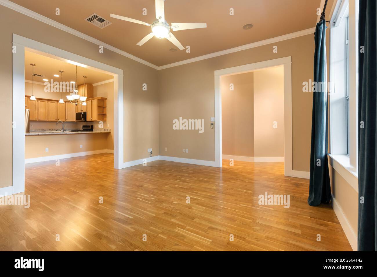 Light-filled living area features elegant wooden flooring and high ...
