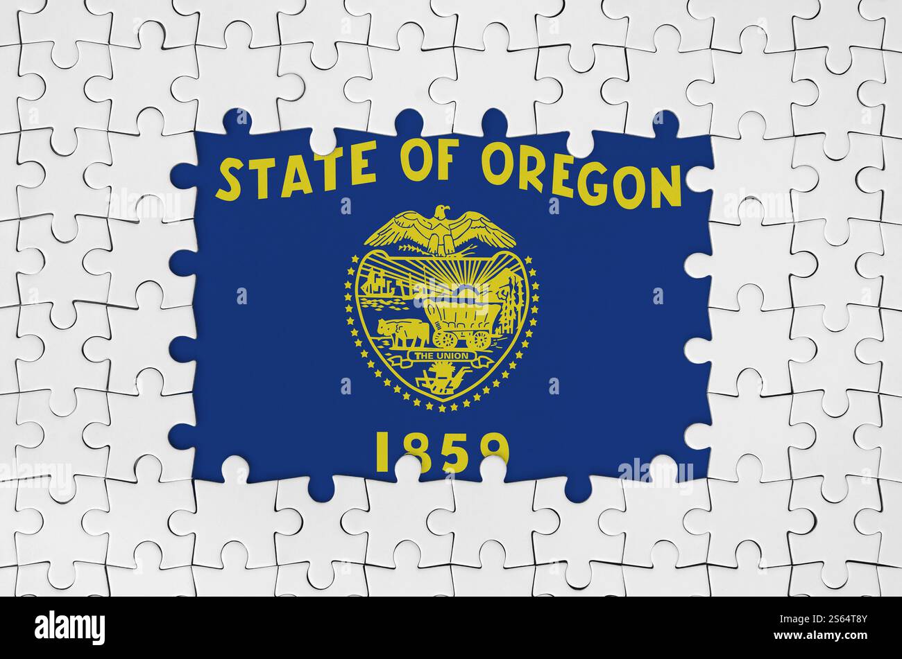 Oregon US state flag in frame of white puzzle pieces with missing ...