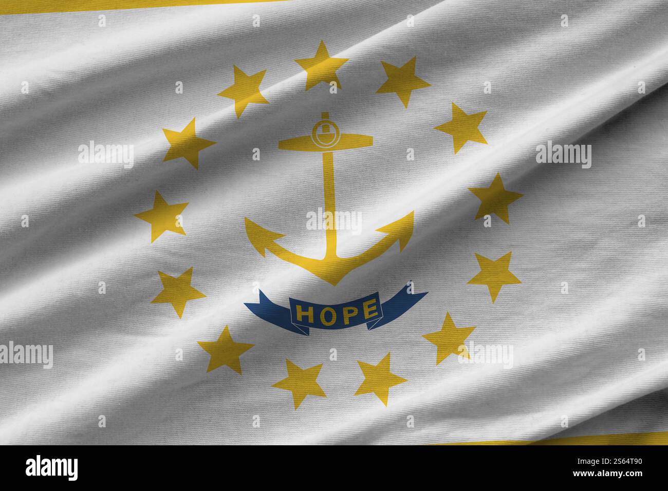 Rhode Island US state flag with big folds waving close up under the ...