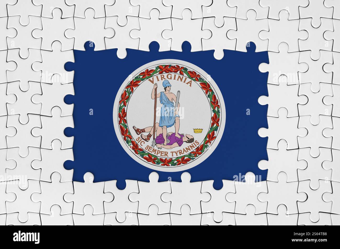 Virginia US state flag in frame of white puzzle pieces with missing ...