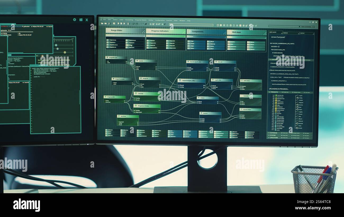 Cyber security monitoring room with high tech equipment. Governmental ...