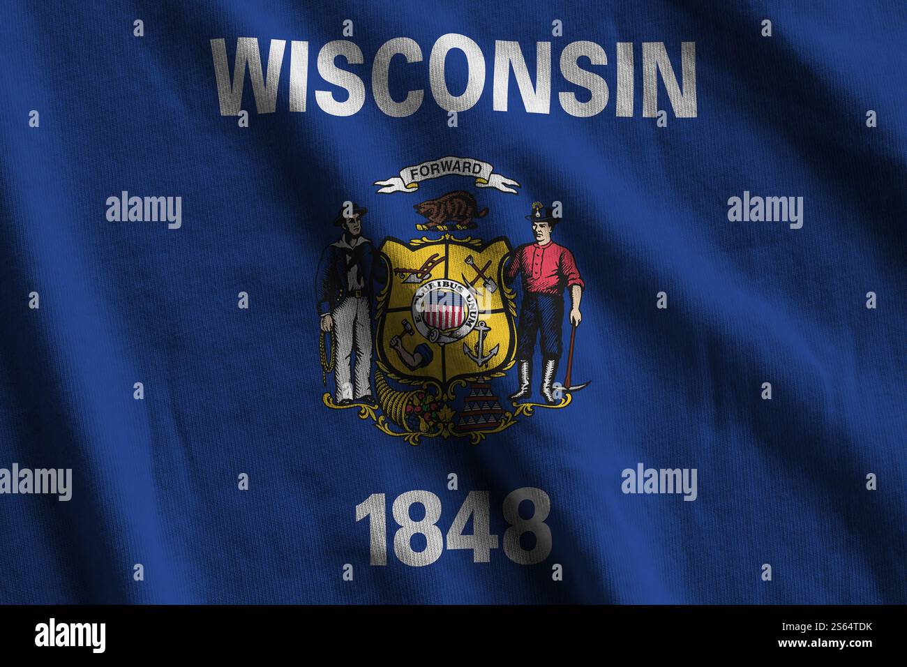 Wisconsin US state flag with big folds waving close up under the studio ...