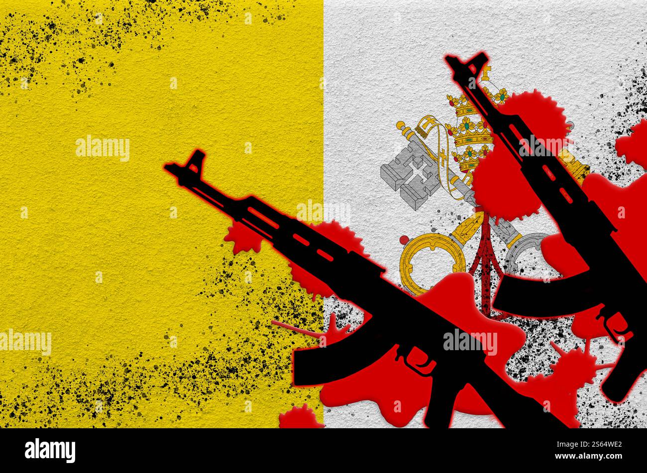 Vatican City State flag and two black AK-47 rifles in red blood ...