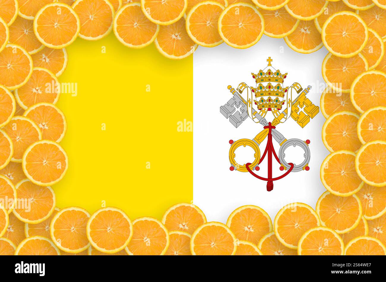 Vatican City State flag in frame of orange citrus fruit slices. Concept ...
