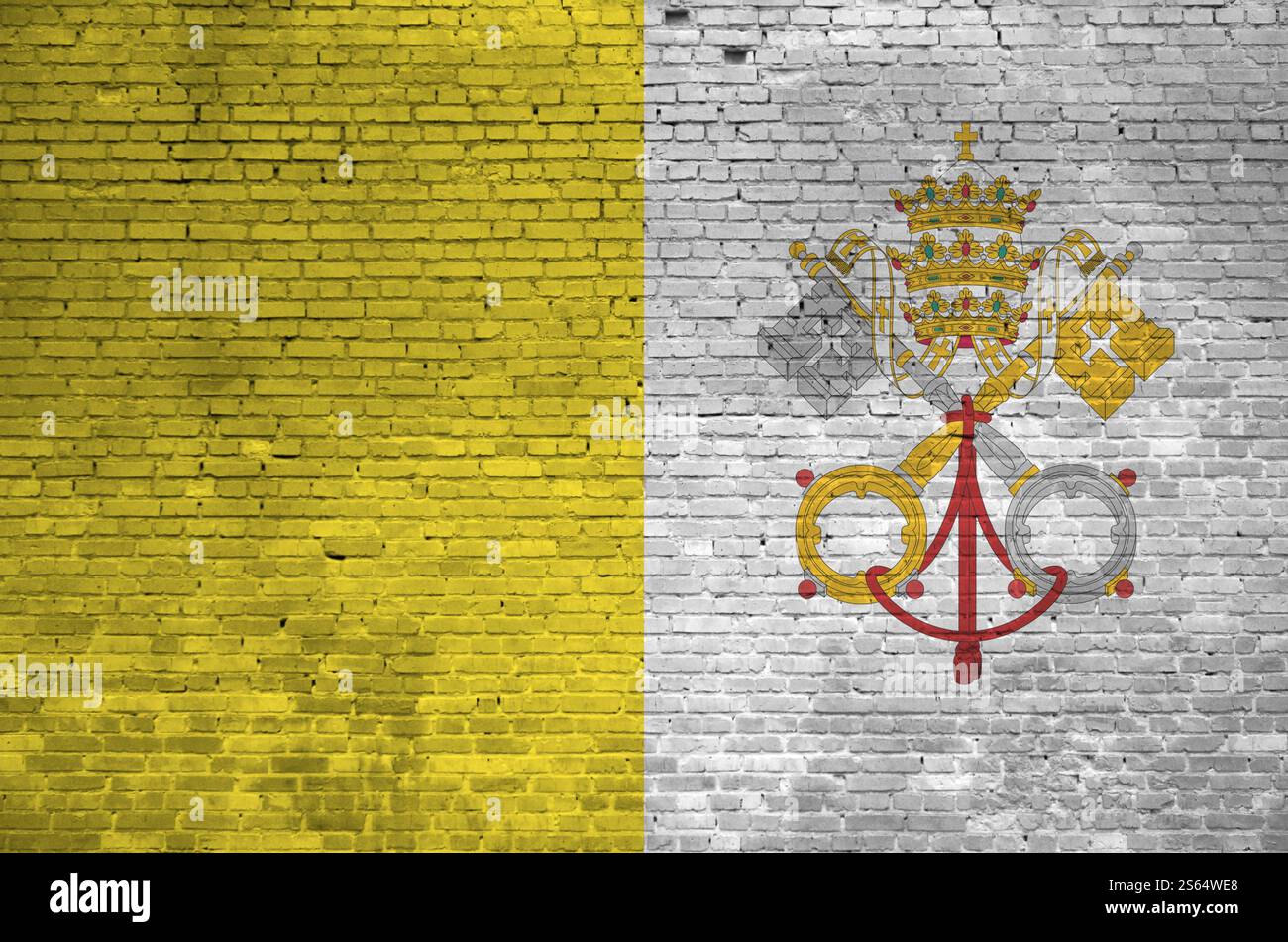 Vatican City State flag depicted in paint colors on old brick wall ...