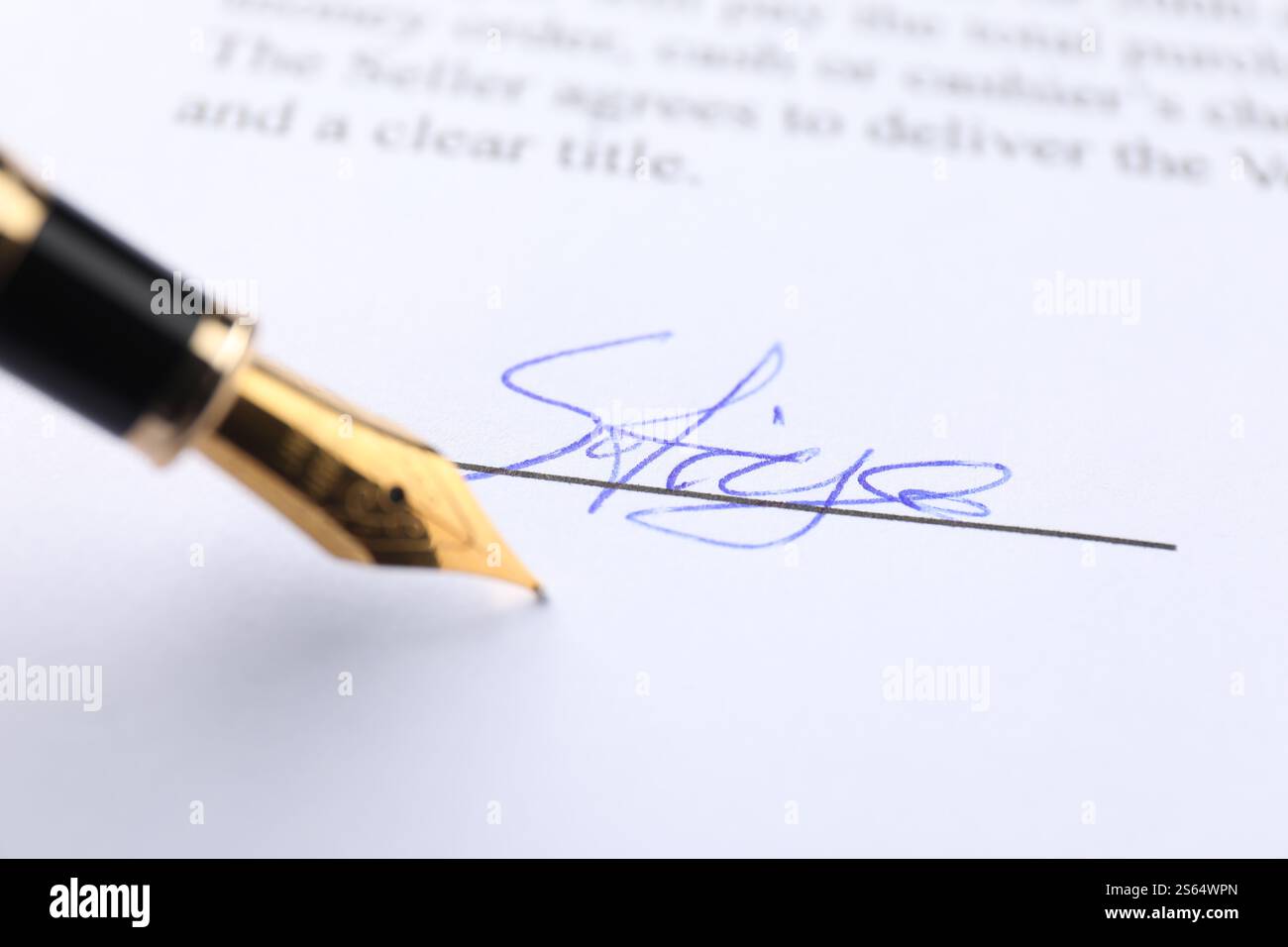 Signature and fountain pen on paperwork, closeup view Stock Photo - Alamy