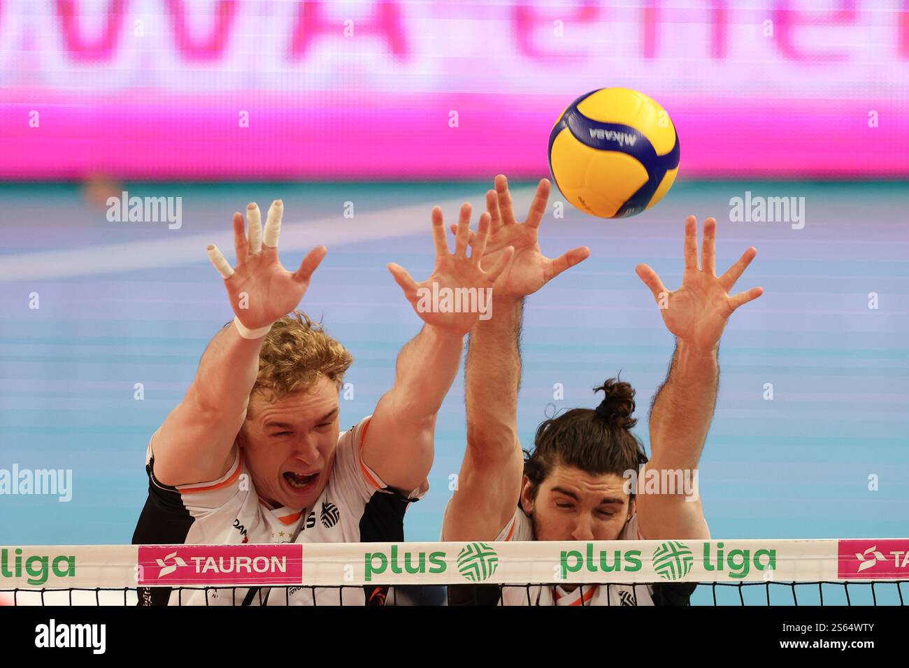 Jastrzebie Zdroj, Poland. 12th Jan, 2025. Anton Brehme of Jastrzebski Wegiel (L) and Timothee ...