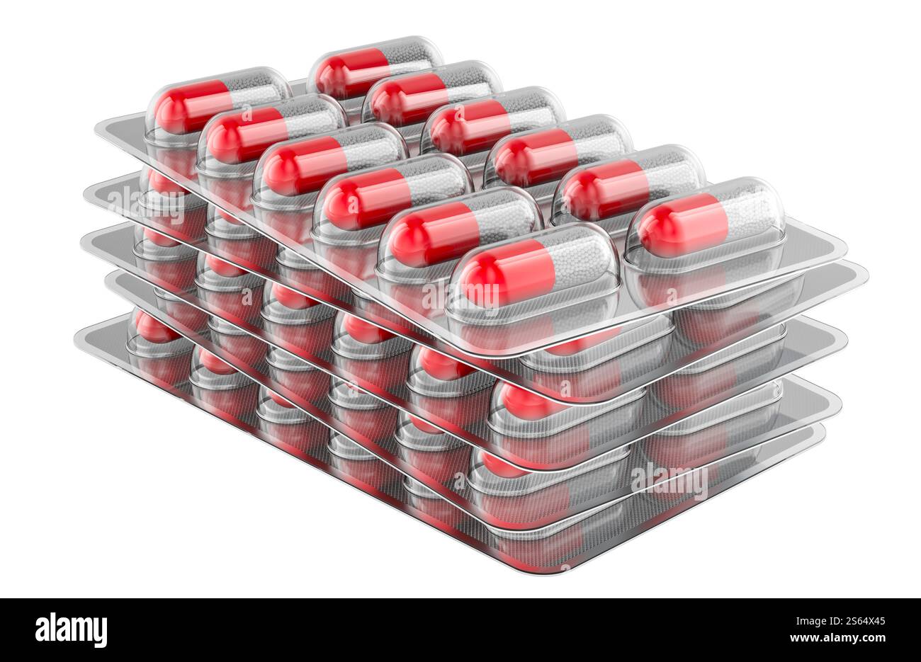 Pharmaceutical blister packs with capsules, stack. 3D rendering ...
