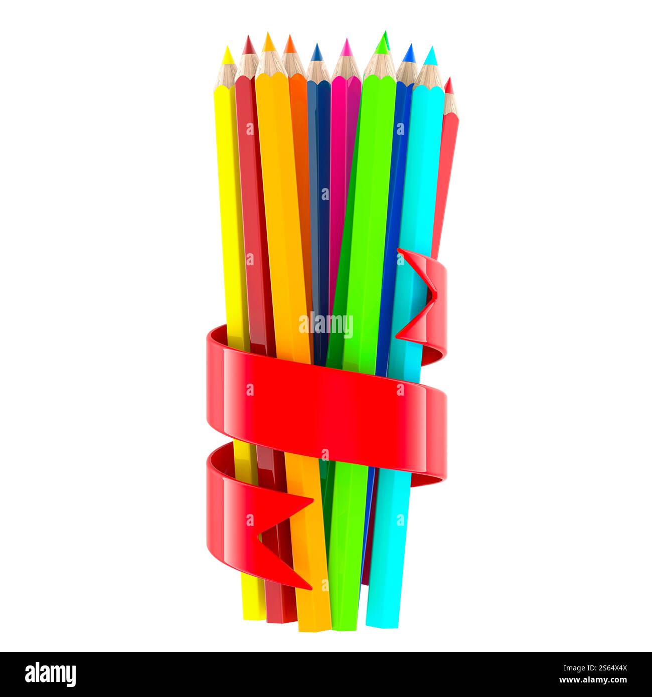 Heap of colored pencils with red ribbon, 3D rendering isolated on white ...