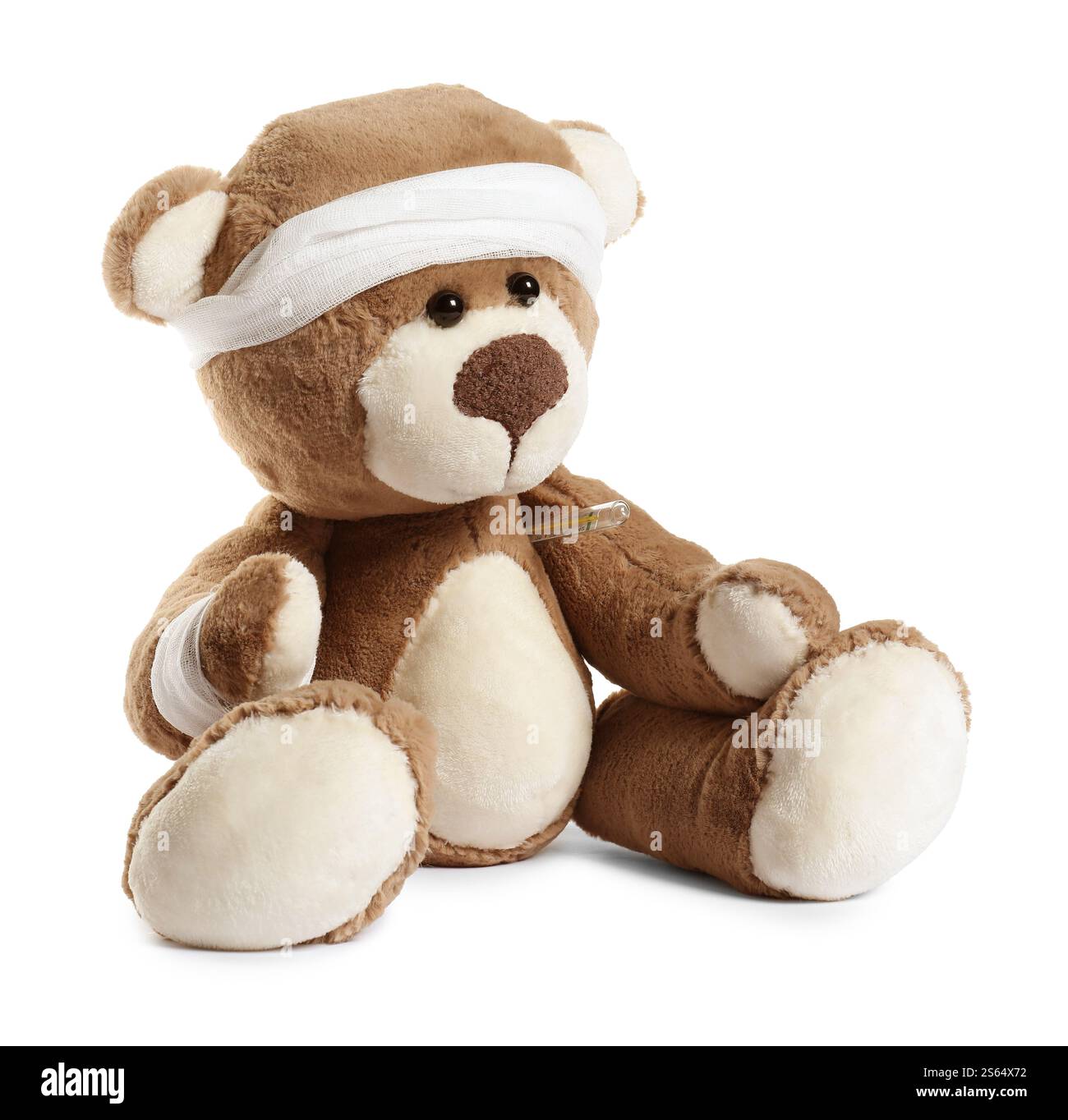 Teddy bear with bandages and thermometer isolated on white Stock Photo ...